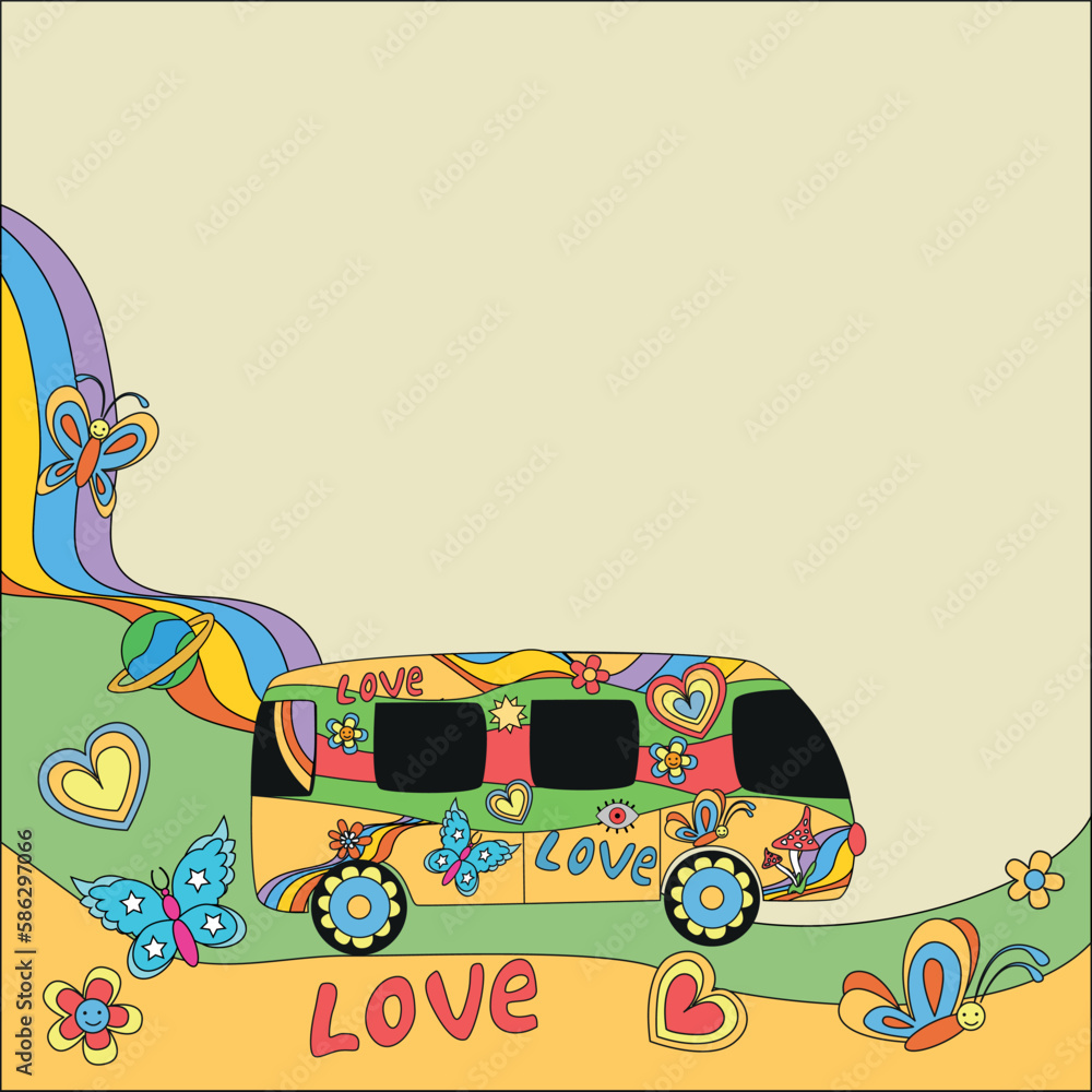 Psychedelic cool vintage background Rainbow with hippie bus stars ...