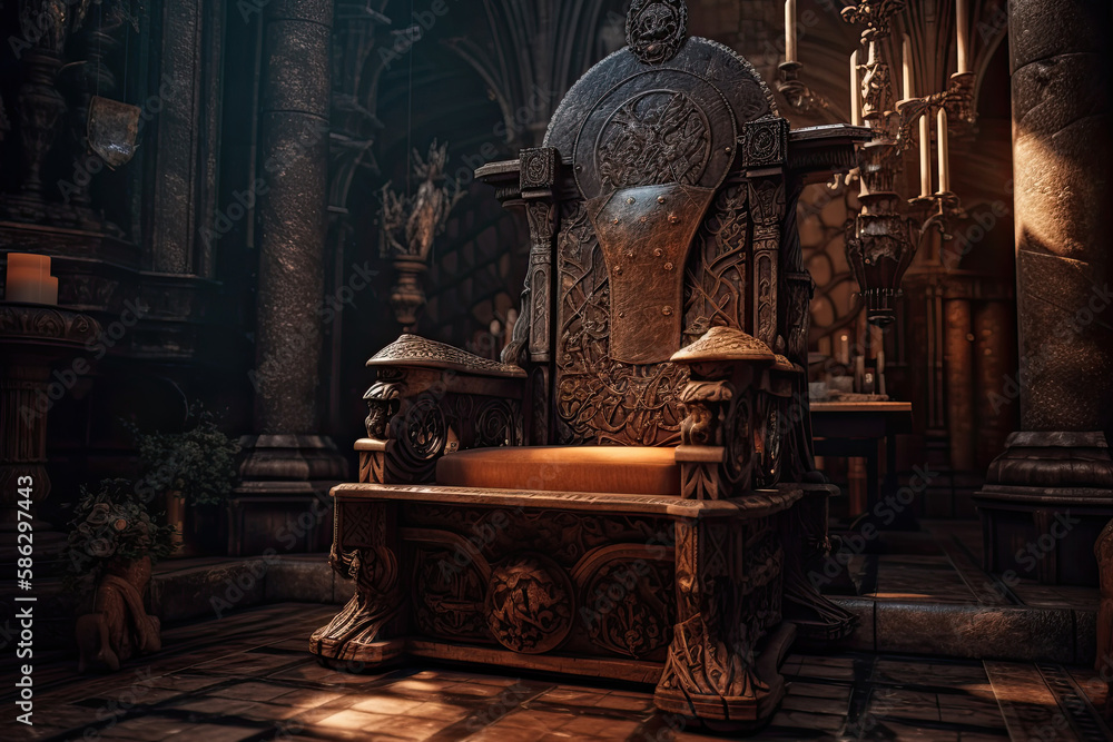 Empty royal throne in dark castle hall. Fantasy medieval throne for ...