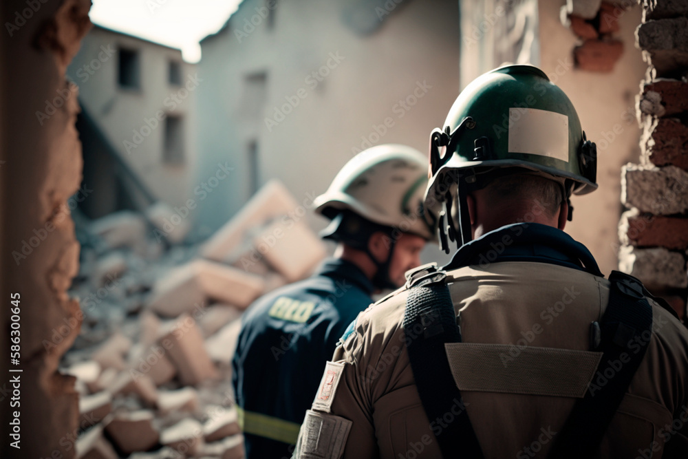 Earthquake rescue operation: workers in uniform and helmets clearing ...