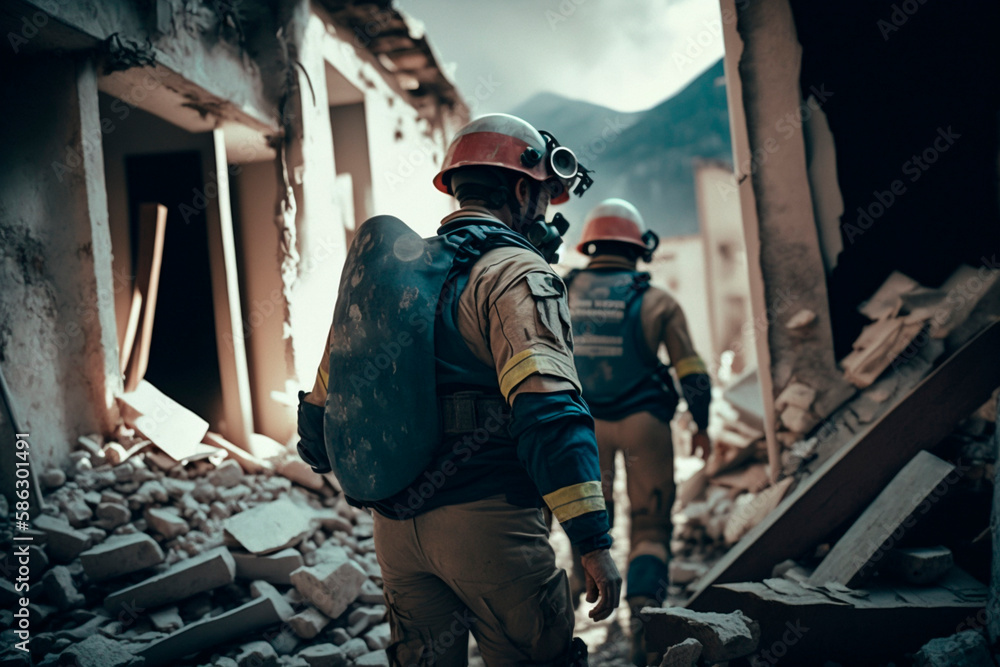 Earthquake rescue operation: workers in uniform and helmets clearing ...
