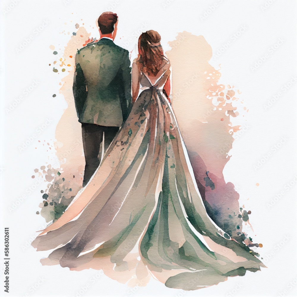 Watercolor illustration of beautiful wedding couple back view Stock ...