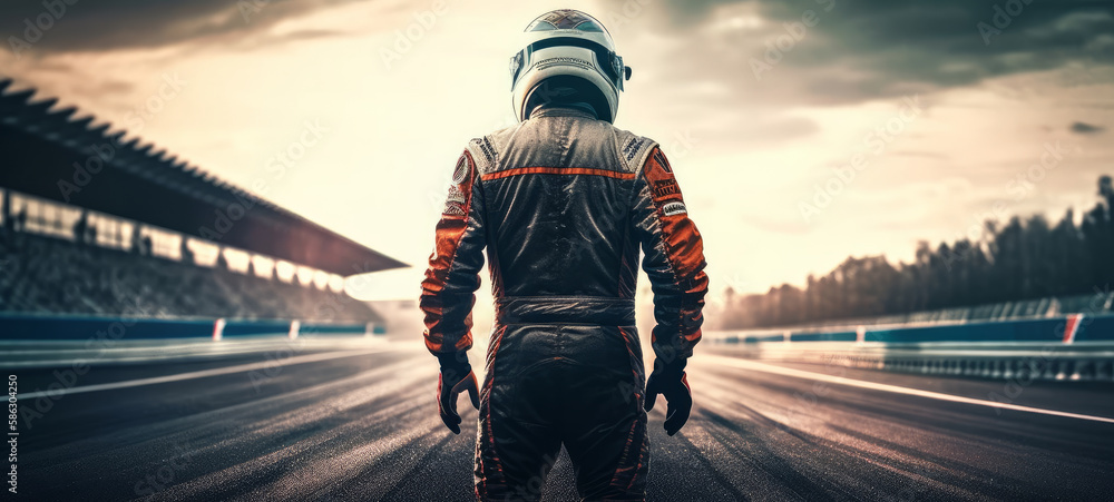 Racing driver is walking on the asphalt road. Generative AI Stock ...