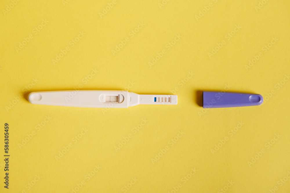 Rapid diagnosis of pregnancy at home. Top view of inkjet pregnancy test ...