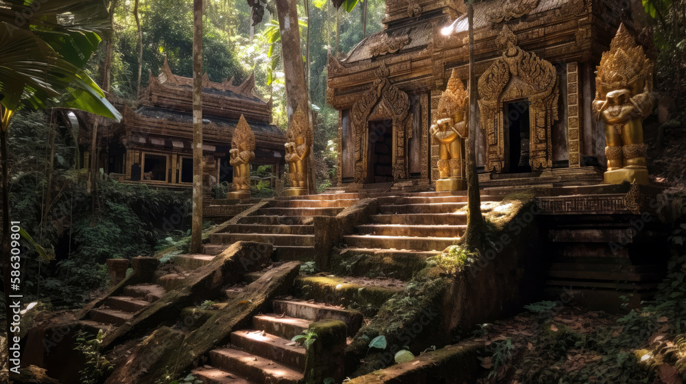 golden temple in the jungle, statues, traps. sacred ancient temple ...
