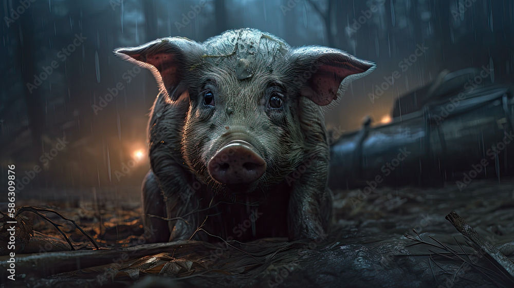 pig at war, exhausted Pig at the frontlines in the army (created with ...
