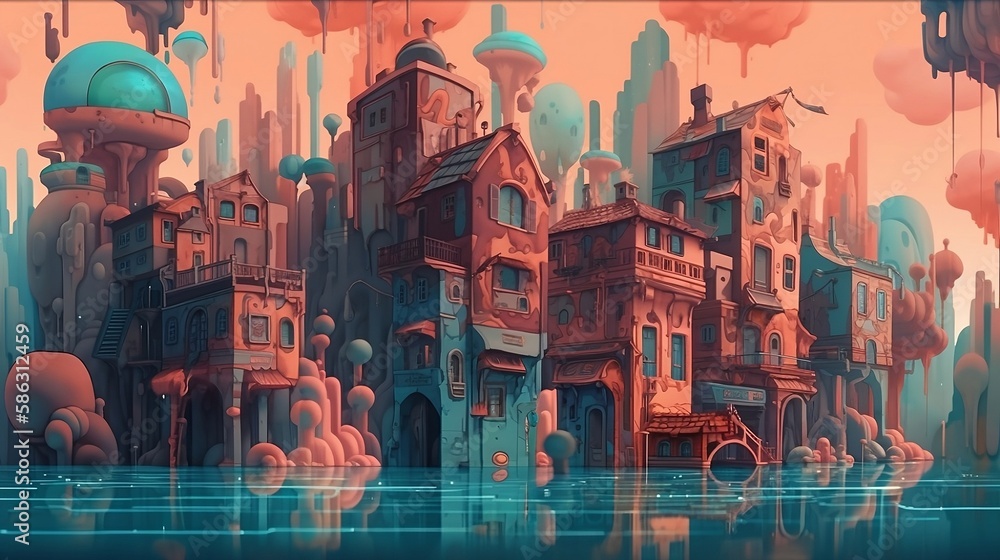 a surreal city background with an art style, distorted buildings ...