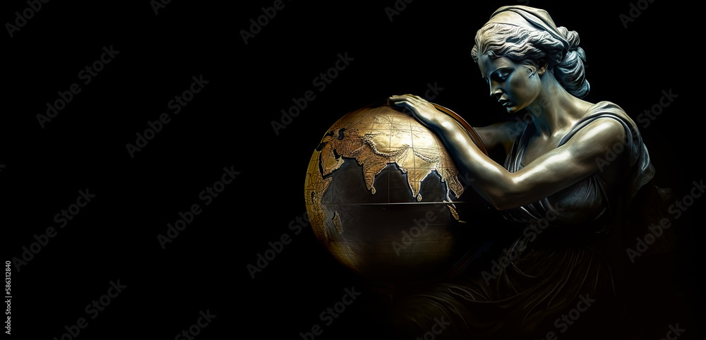 Sad Lady of Justice holding World Globe represents awareness of global ...