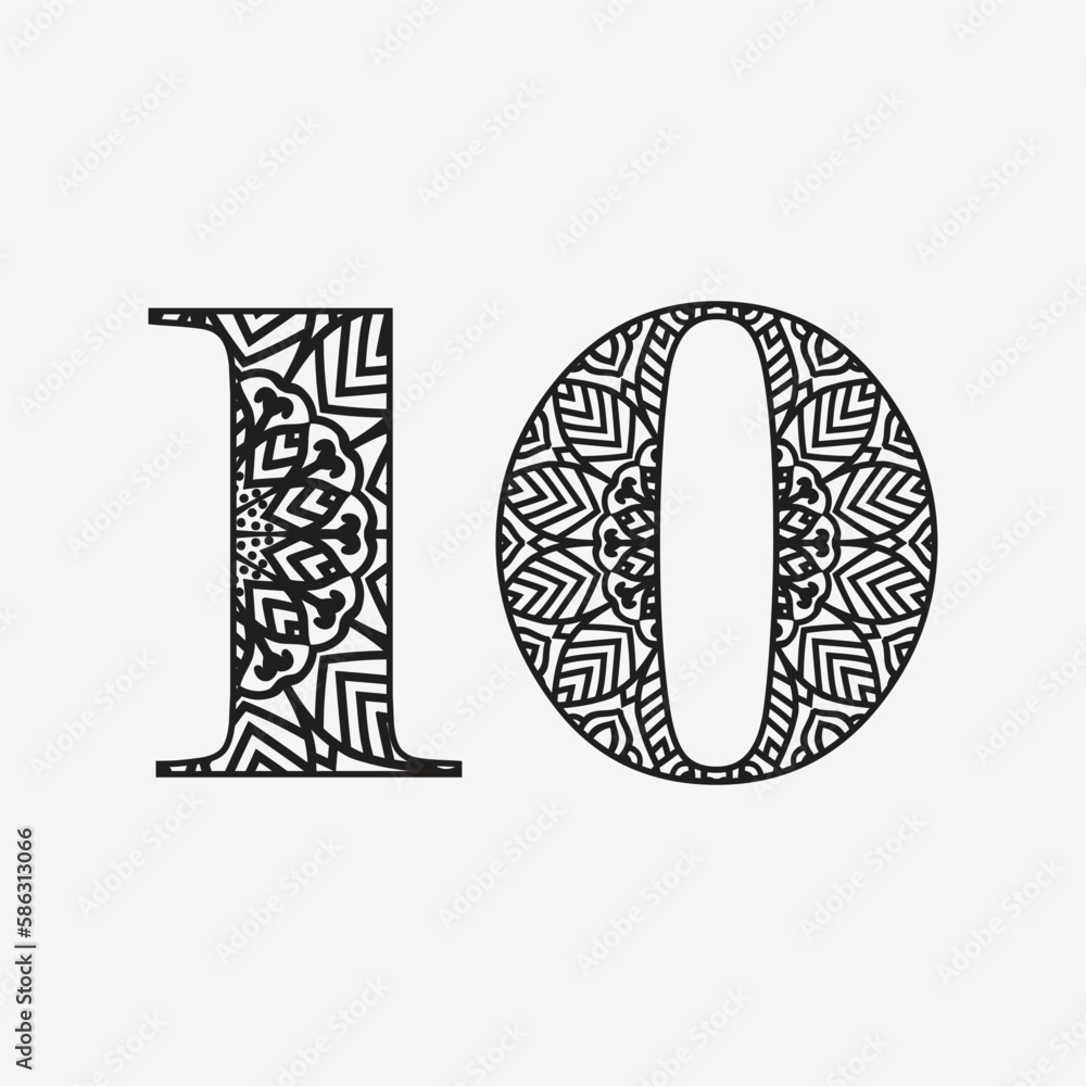 Zentangle stylized alphabet.Number 10 in doodle style. Hand drawn ...