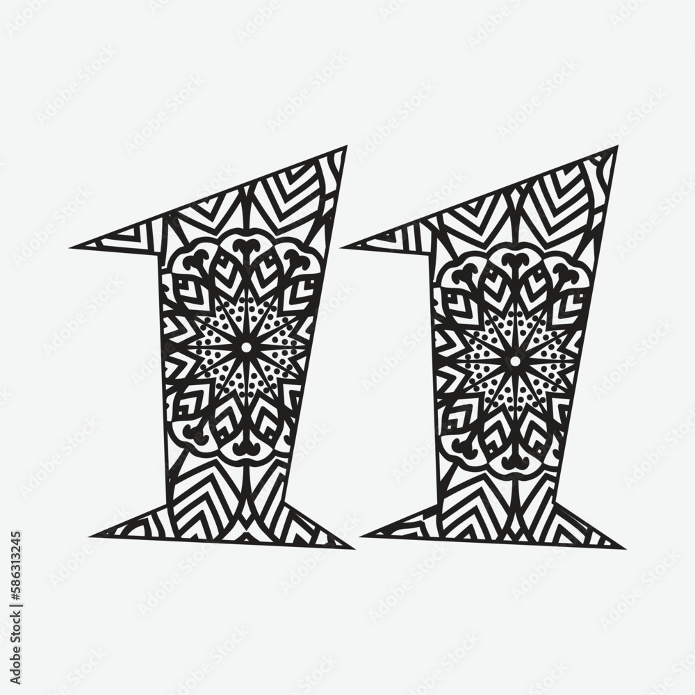 Zentangle stylized alphabet.Number 11 in doodle style. Hand drawn ...