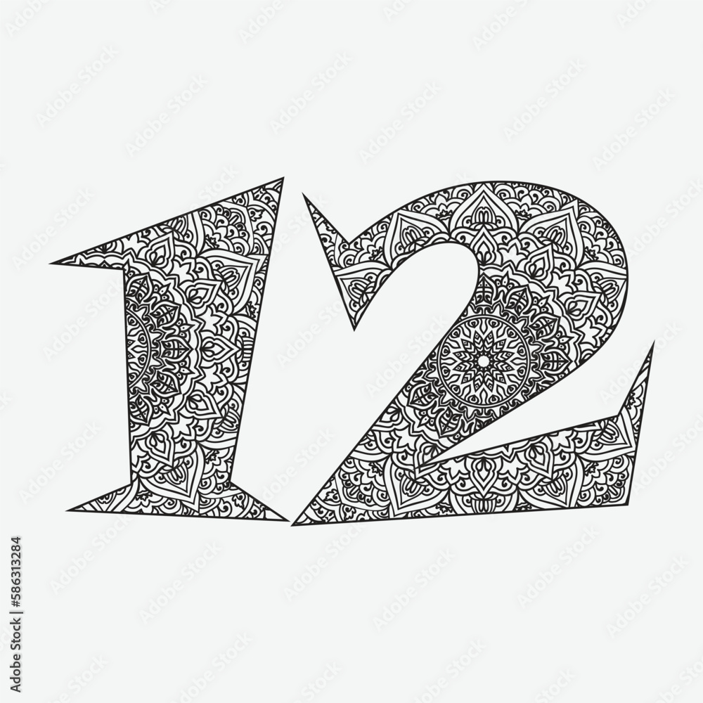 Zentangle stylized alphabet.Number 12 in doodle style. Hand drawn ...