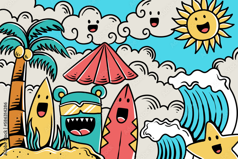 Vector illustration of Doodle cute Monster at the summer background ...