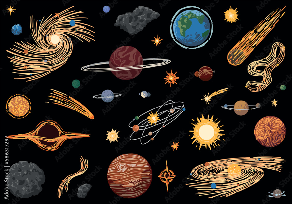 Cosmic space doodles set. Cartoon drawings of planets, stars, comets ...