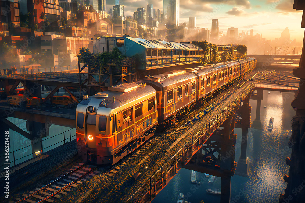 Floating trains traverse a gleaming railway bridge, weaving ...