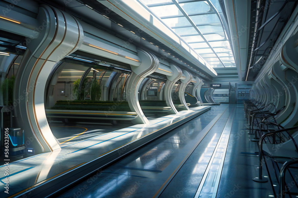 Sleek, aerodynamic monorail trains glide effortlessly within a state-of ...