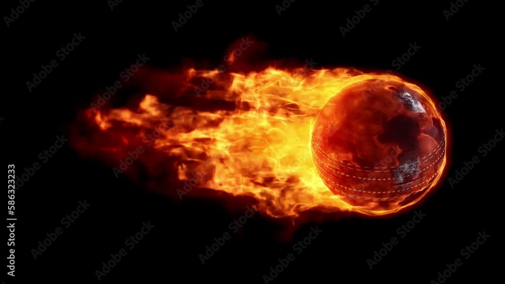 Animated fire ball. Blazing Cricket Ball on air rotating on axis with ...