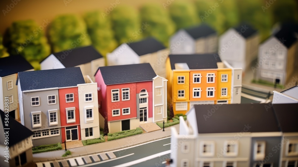 Miniature model of a modern townhouse neighborhood, captured with tilt ...