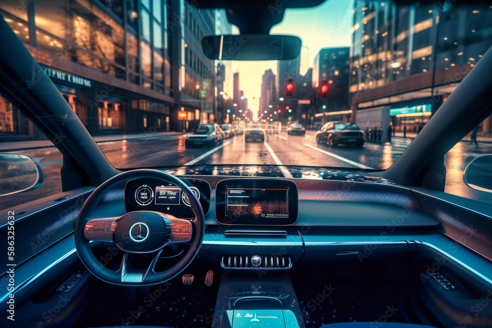 Poster Autonomous self-driving car glides seamlessly through bustling ...