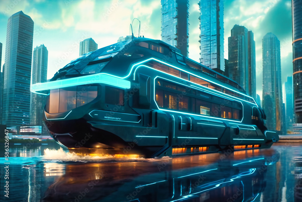 Autonomous van effortlessly navigates through a vibrant city, its sleek ...