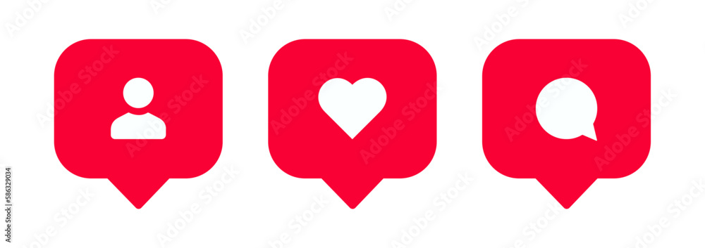 Social media notification icons in speech bubble, like, love, comment ...