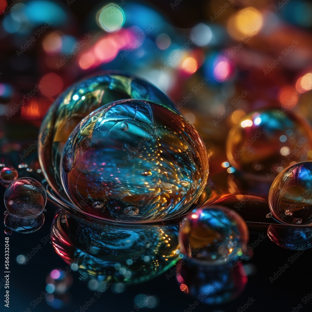 a group of glass balls sitting on top of a black table top next to a ...