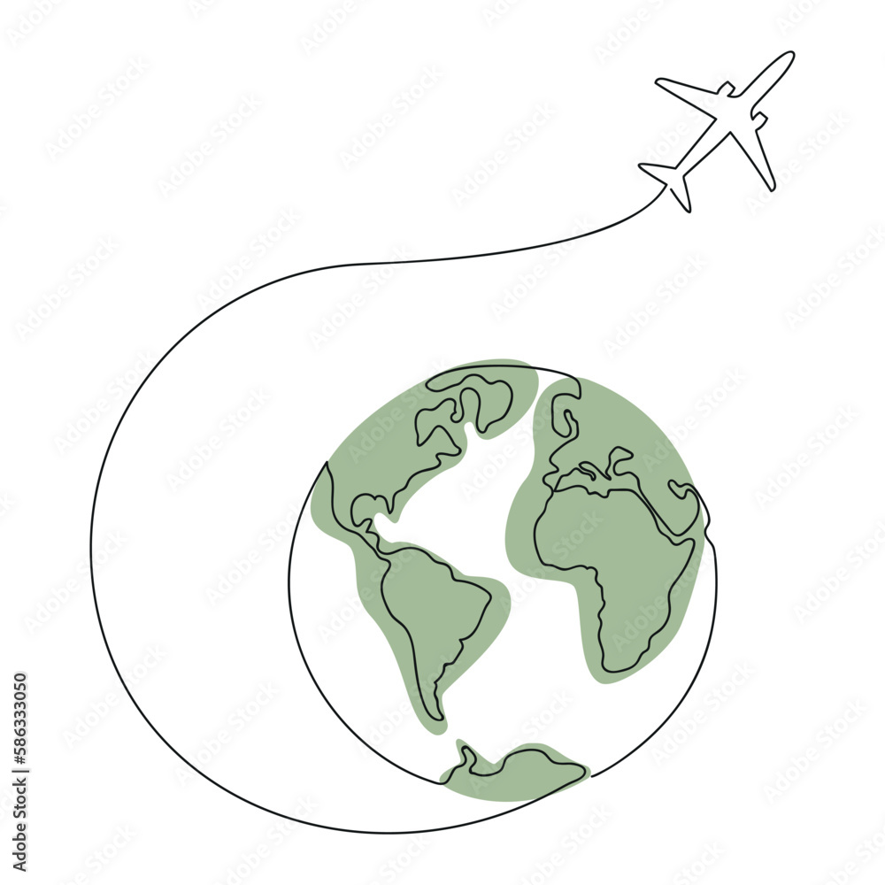 Plane flying around Earth drawn in one continuous line with color spot ...