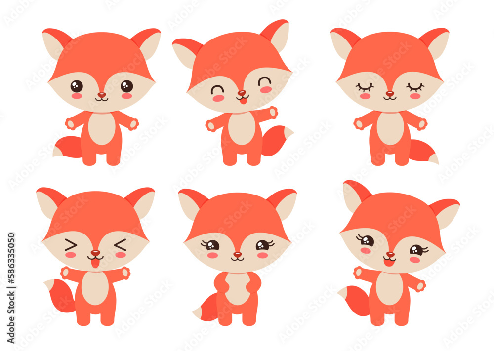 Cartoon fox kawaii style emoji. Fun ny fox character set various ...
