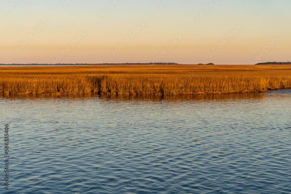 Golden hour on St Marys River, Georgia. Sea grass on salt marsh ...