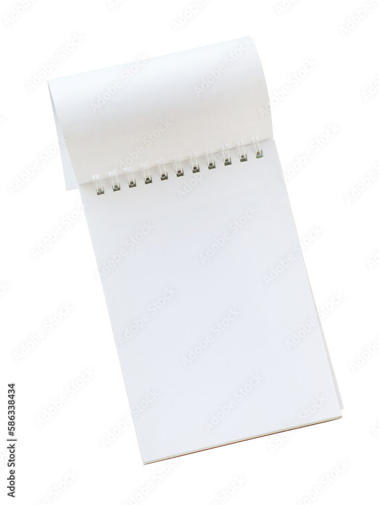 Blank spiral notepad with turned page. Top view, isolated png with ...