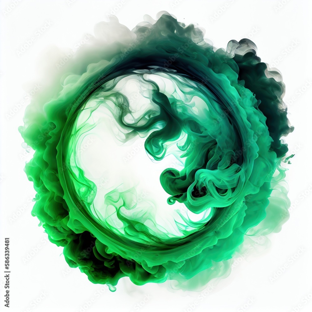 Green swirling smoke circle frame isolated on white background. Green ...