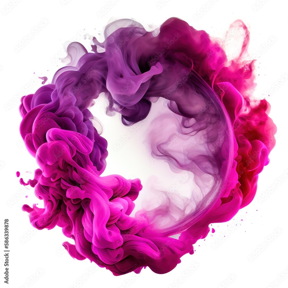 Magenta swirling smoke circle frame isolated on white background ...