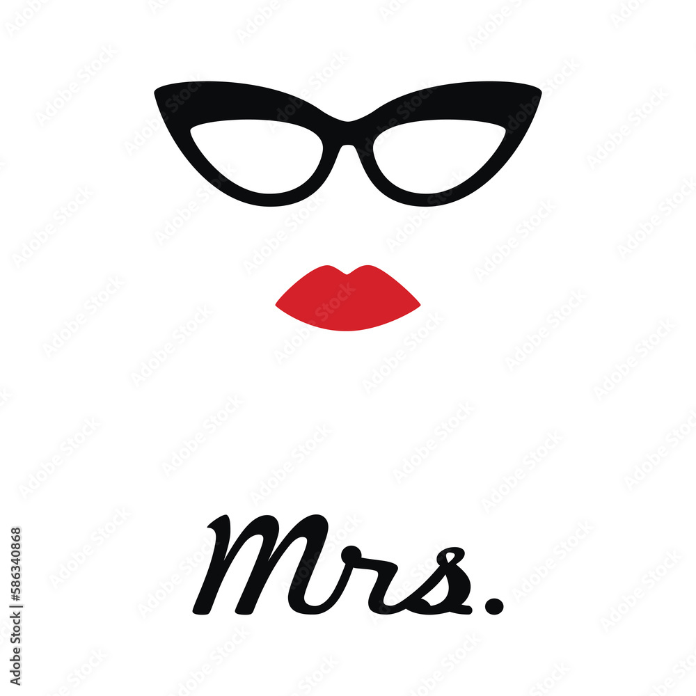 Mrs. icon, abstract woman character in sunglasses with red lips flat ...
