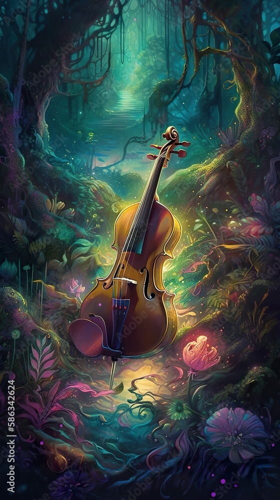 Magic violin, fiddle in enchanted forest, fantasy multicolor ...