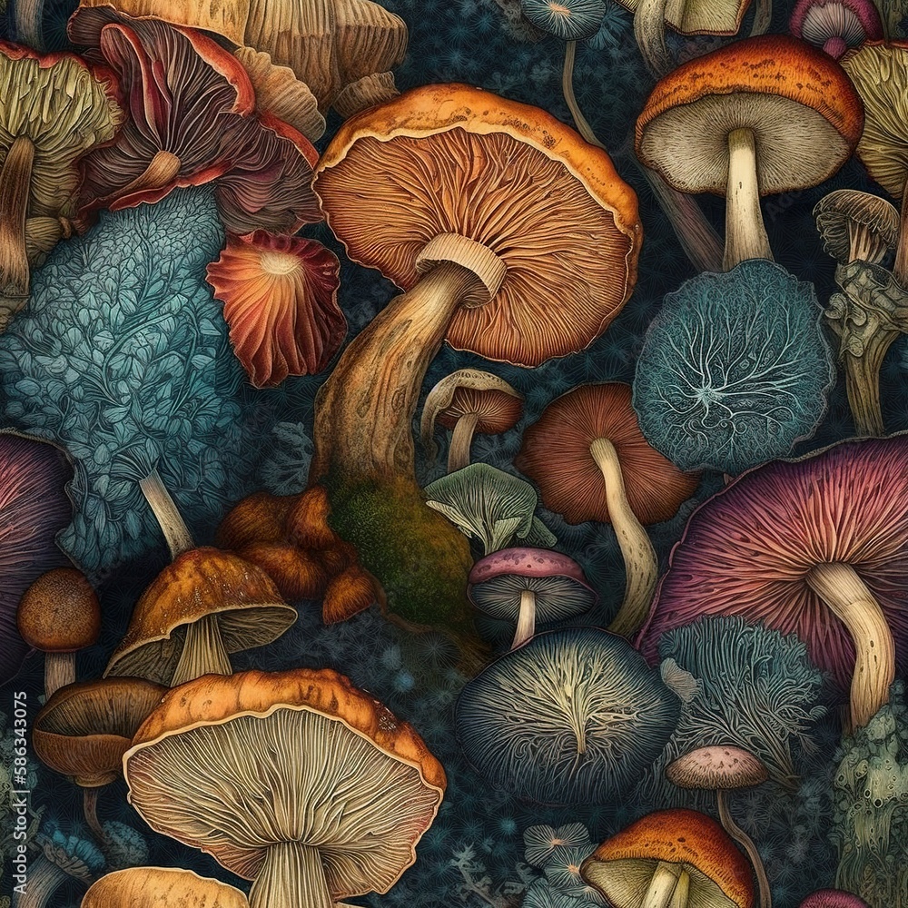 Seamless floral background with various mushroom types, vintage botany ...