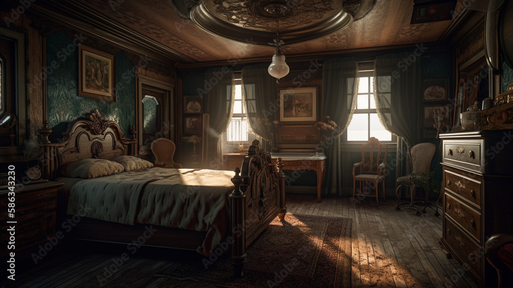 bedroom interior design in the style of haunted mansion,illustration ...