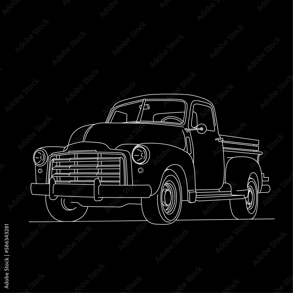 Classic Pickup truck. Line art truck. Vector and illustrations. Stock ...