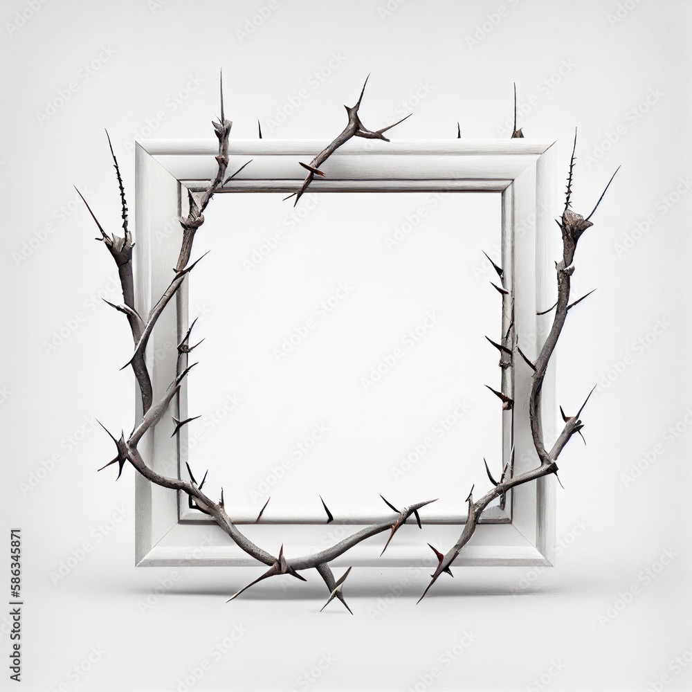 An empty square frame with grey thorns on white background. Ai ...
