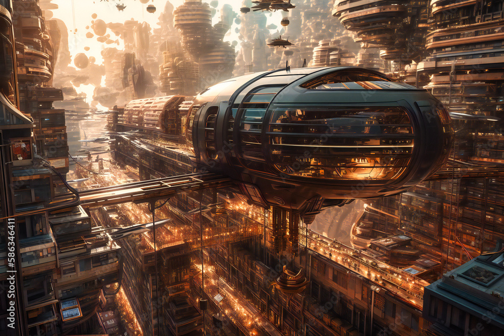 Airships traverse a network of interconnected high-rise buildings ...