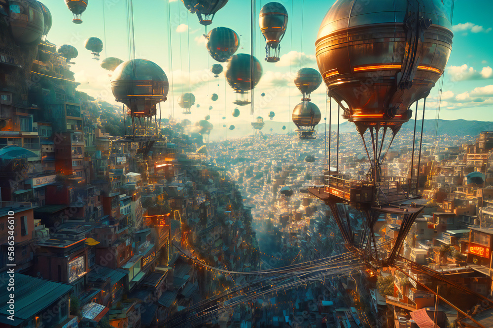 Airships traverse a network of interconnected high-rise buildings ...