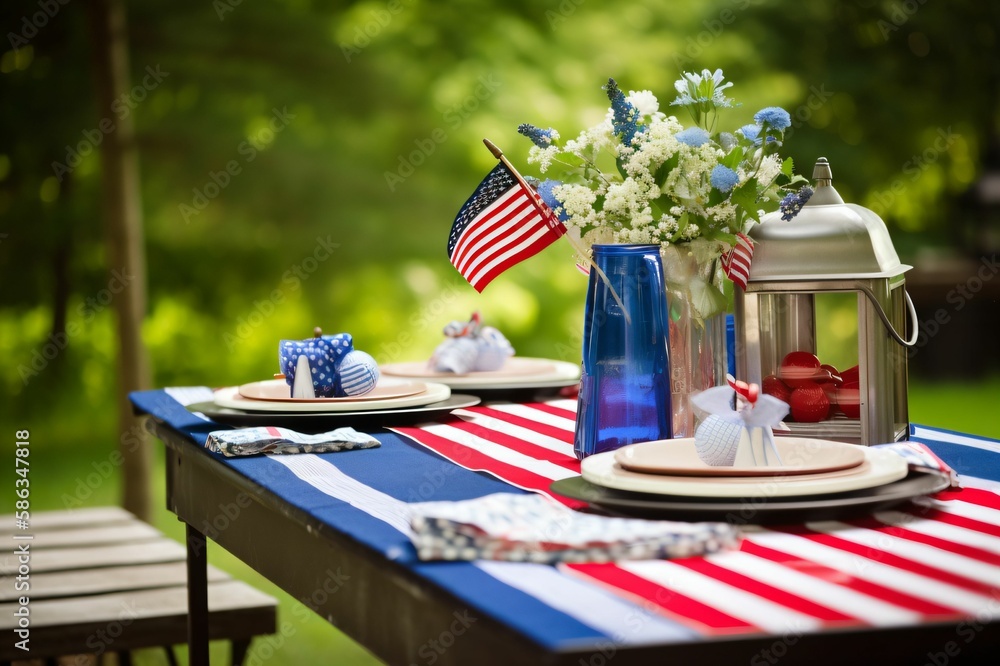 A professional Fourth of July backyard cookout product shot, featuring ...