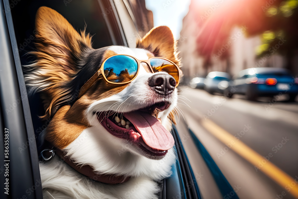 Happy dog with sunglasses looking out of a car window, ai generative ...