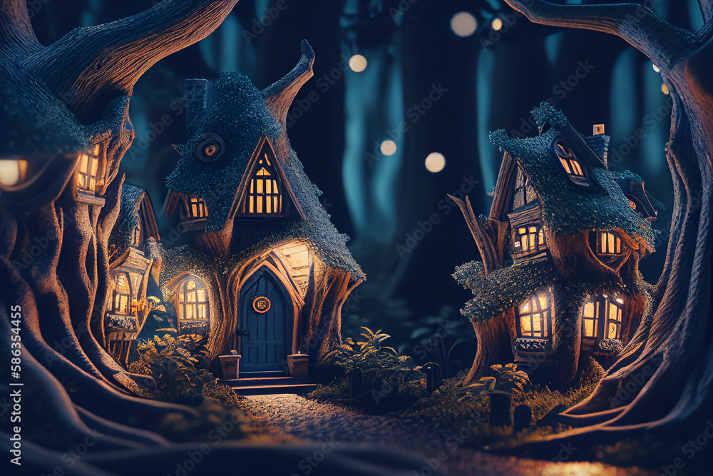 magic forest with fantasy houses at night, fairy tale like houses made ...