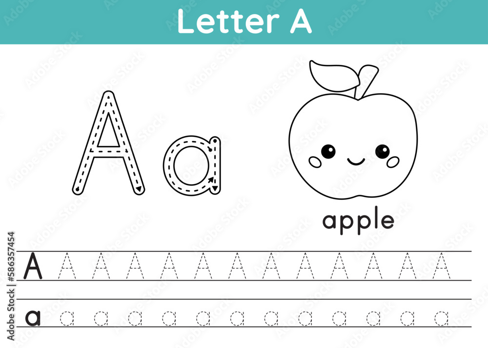Alphabet ABC a-z exercise. Coloring page. Trace letter A. Vocabulary ...