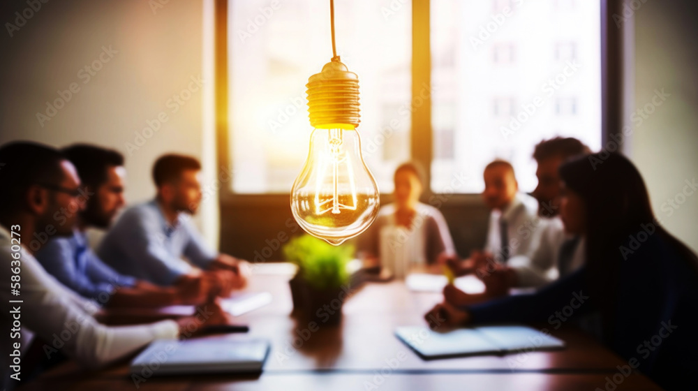 Eureka Moment, Light Bulb on a meeting table glowing during an intense ...