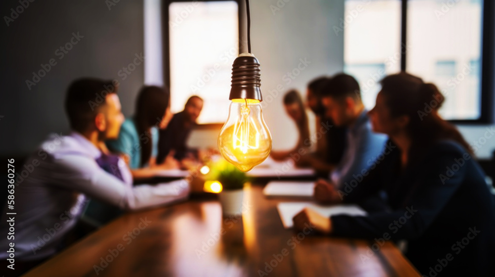 Eureka Moment, Light Bulb on a meeting table glowing during an intense brainstorm with people ...