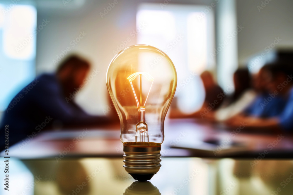 Eureka Moment, Light Bulb on a meeting table glowing during an intense brainstorm with people ...