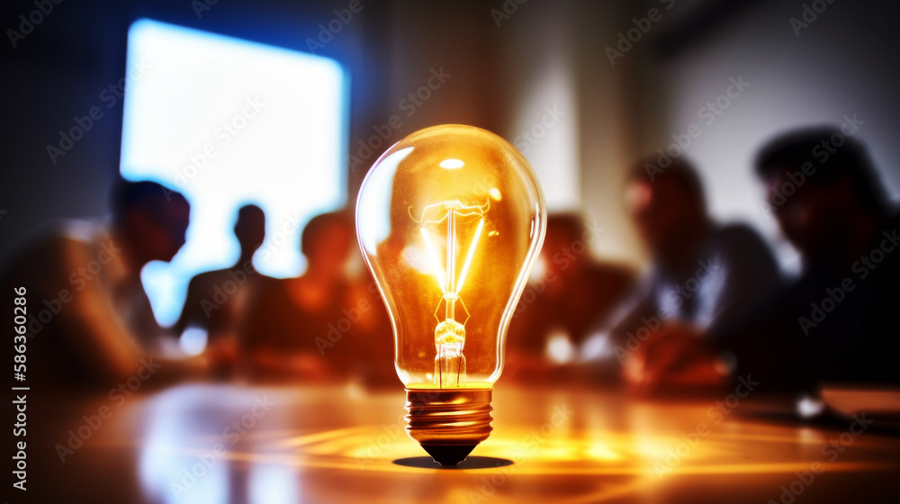 Eureka Moment, Light Bulb on a meeting table glowing during an intense brainstorm with people ...
