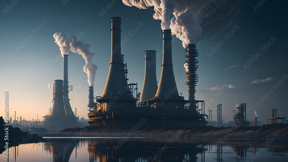 view on riverbank with nuclear reactor or oil refinery plant with ...