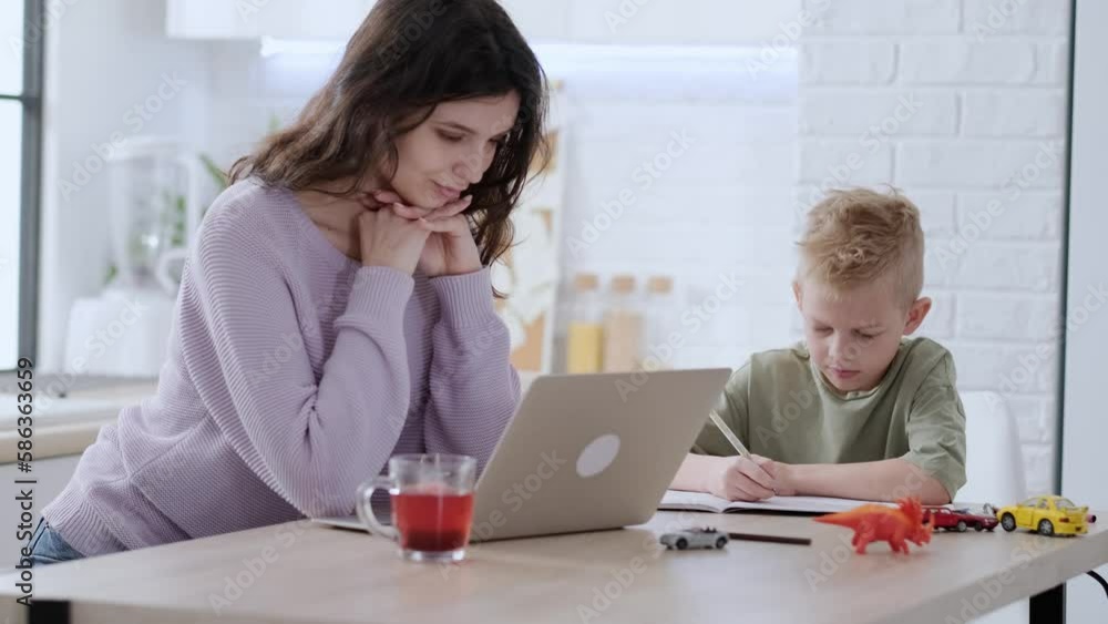 Work from home and family education, Mom and son using remote access ...