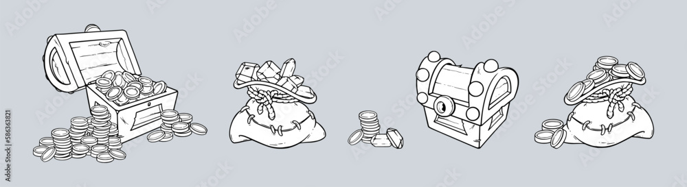 Treasure chest and bag. Chests with coins and gem stones, money bags ...