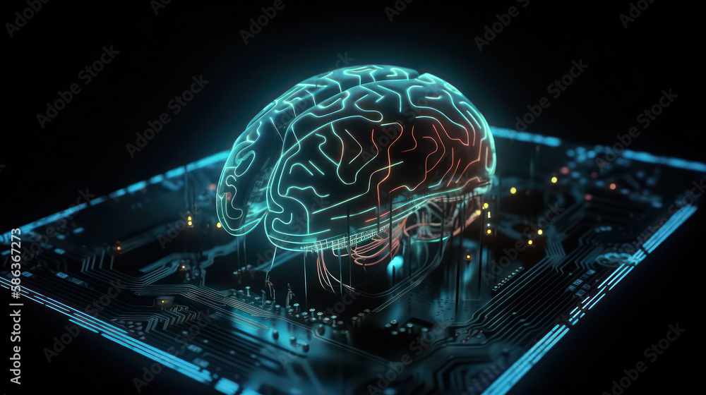 The concept of artificial intelligence illustrated by a human brain on ...